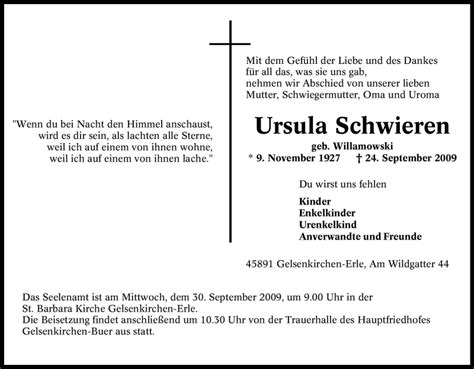Traueranzeigen Von Ursula Schwieren Trauer In NRW De