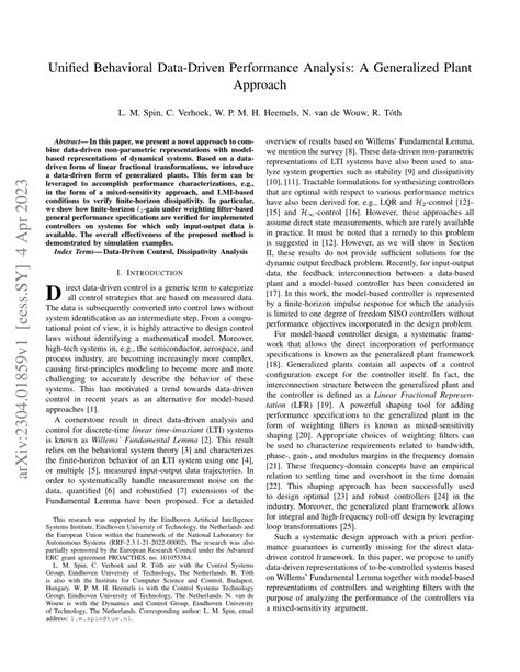 pdf unified behavioral data driven performance analysis a generalized plant approach