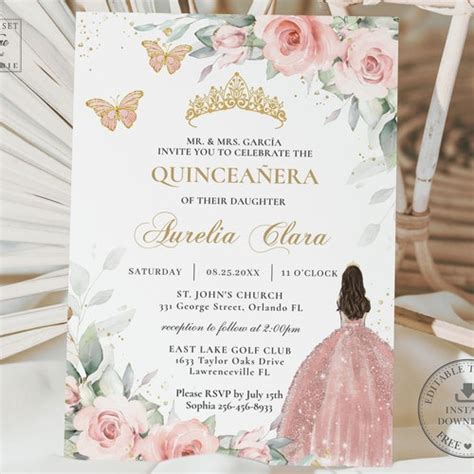 Blush Pink Floral Quinceañera Invitation Printable EDITABLE Etsy