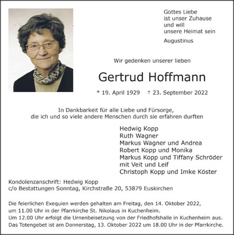 Traueranzeigen Von Gertrud Hoffmann WirTrauern