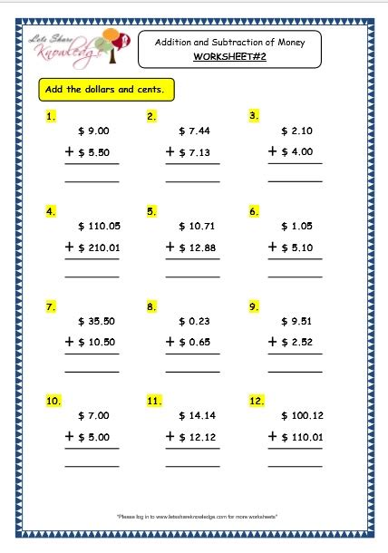 Grade 3 Maths Worksheets 10 2 Addition And Subtraction Of Money