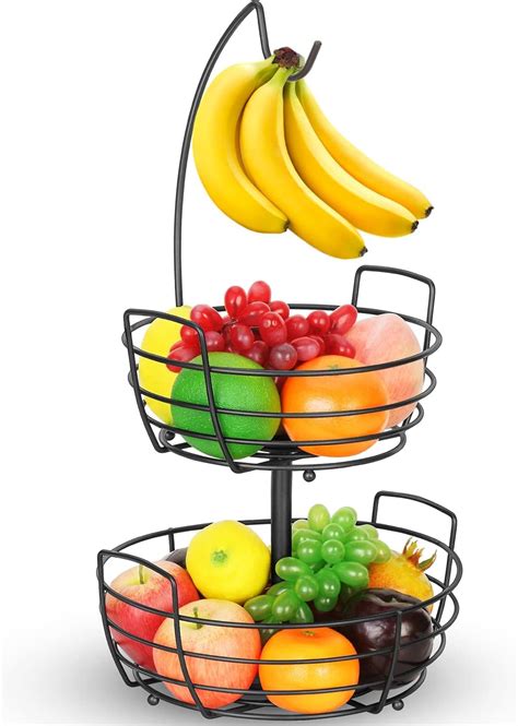 Obstkorb 2 Stöckig mit Bananenhaken Metall Obststaender für