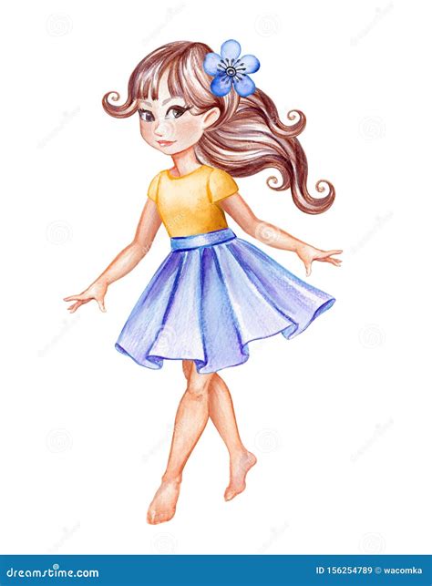 IlustraciÃ³n Acuarela Linda NiÃita Con Falda Azul Caminando Pies