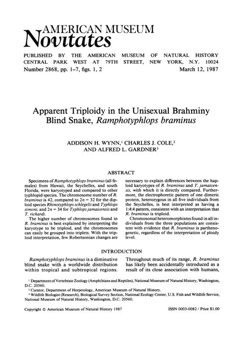 Pdf Apparent Triploidy In The Unisexual Brahminy Blind Snake