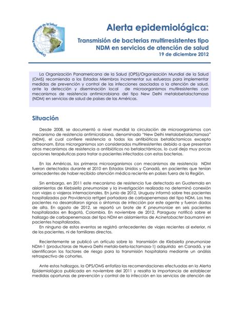 Alerta epidemiológica por Transmisión de bacterias