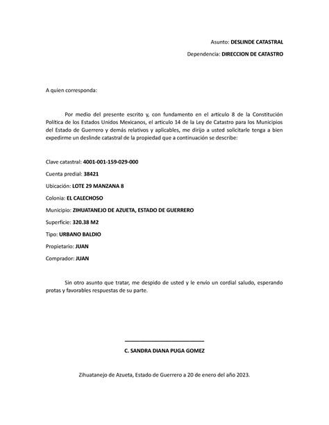 Solicitud De Deslinde Catastral Asunto DESLINDE CATASTRAL