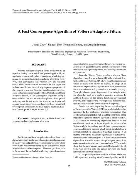 pdf a fast convergence algorithm of volterra adaptive filters