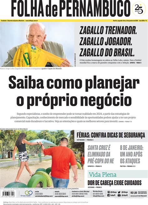 Capa Folha de Pernambuco Edição Segunda 8 de Janeiro de 2024