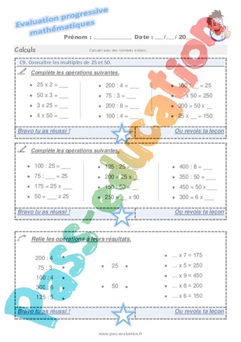 Evaluation progressive par compétences Multiples et diviseurs CM1
