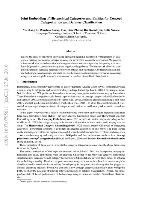 joint embedding of hierarchical categories and entities for concept categorization and dataless