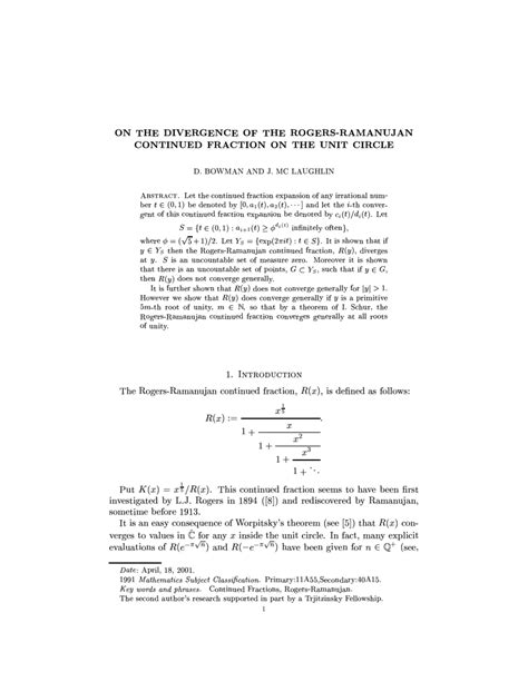 pdf on the divergence of the rogers ramanujan continued fraction on the unit circle