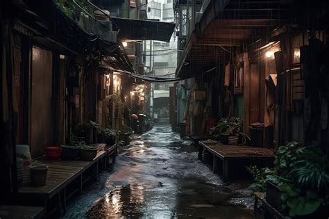 Un callejón oscuro con una luz en él Foto Premium