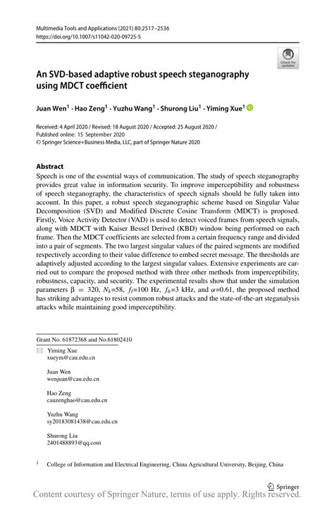 an svd based adaptive robust speech steganography using mdct coefficient request pdf