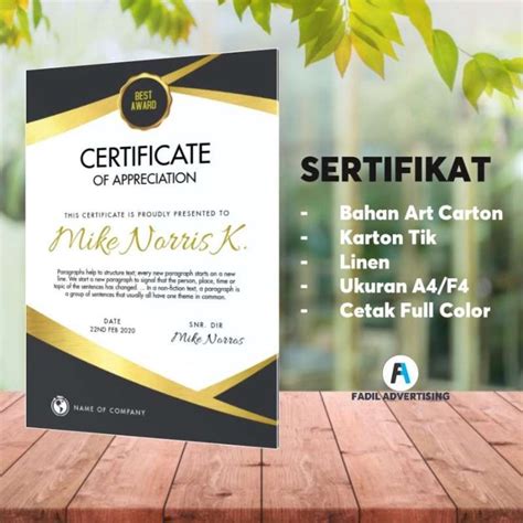 Jual Cetak Sertifikat Murah Cetak Sertifikat Custom A4 Di Seller