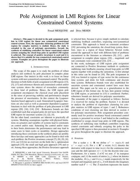 pdf pole assignment in lmi regions for linear constrained control systems