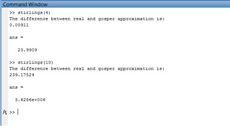 factorial of a number using stirling s gosper approximation using matlab