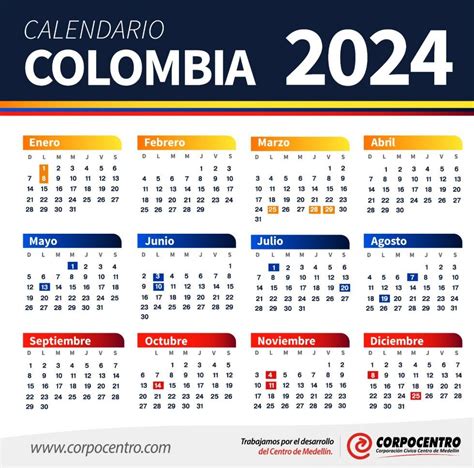Calendario 2024 Colombia con días festivos Centrópolis
