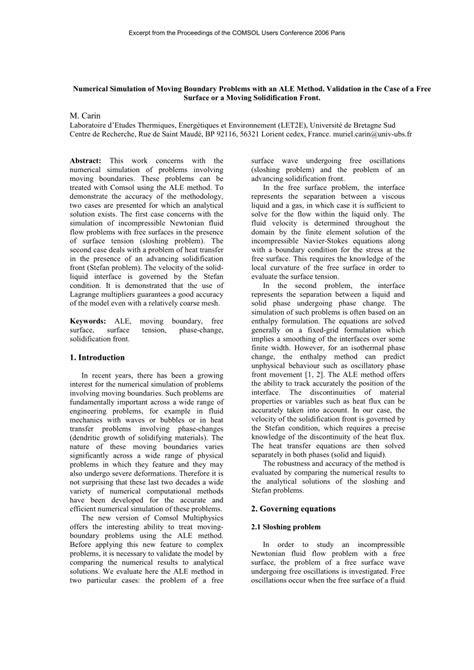 pdf numerical simulation of moving boundary problems with an ale method validation in the