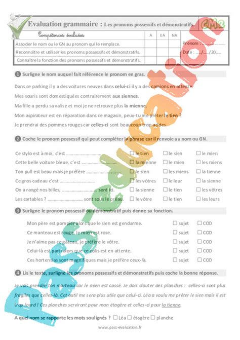 Les pronoms possessifs et démonstratifs au CM2 Evaluation QCM Quiz