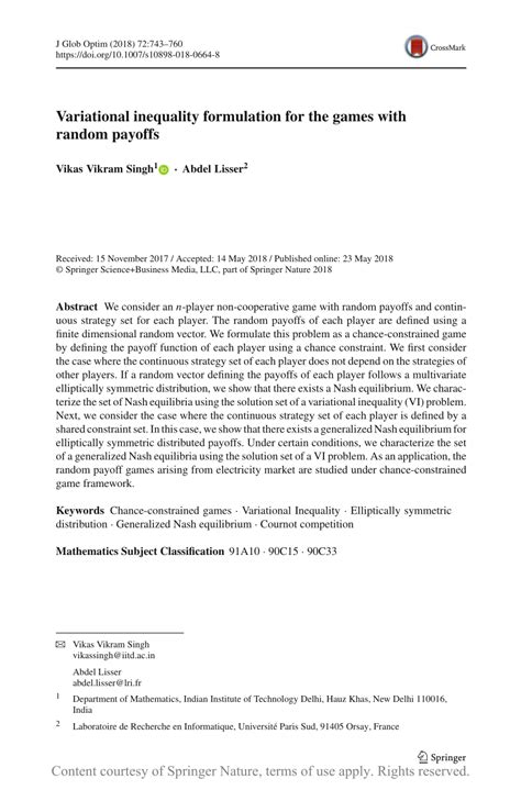 variational inequality formulation for the games with random payoffs request pdf