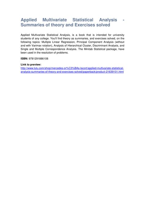 pdf applied multivariate statistical analysis summaries of theory and exercises solved