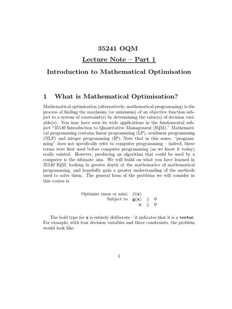 oqm lecture note part 1 introduction to mathematical optimisation pdf mathematical