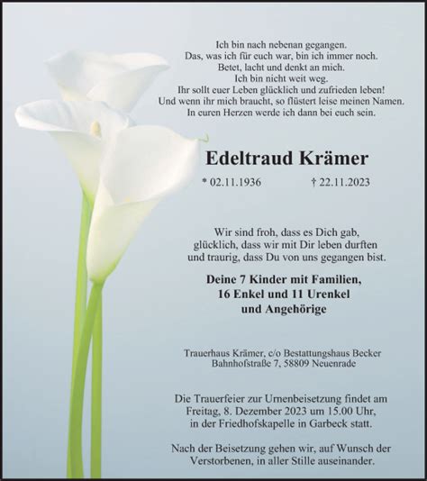 Traueranzeigen von Edeltraud Krämer Trauer in NRW de