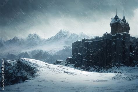 Fantasy Frozen Castle Digital Illustration Stock Illustration