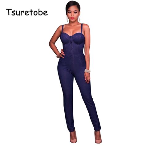 Tsuretobe Fashion Summer Bodycon Sexy Denim Jumpsuits Strap Backless