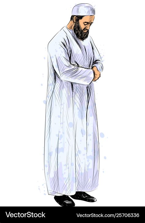 Muslim Man Praying Hand Drawn Sketch On White Vector Image