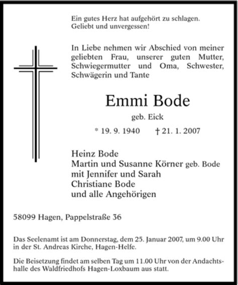 Traueranzeigen Von Emmi Bode Trauer In NRW De