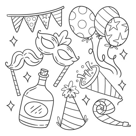 Hand Drawn Happy New Year Party Element Set Of For Coloring