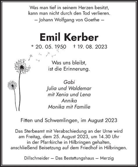 Traueranzeigen Von Emil Kerber Saarbruecker Zeitung Trauer De