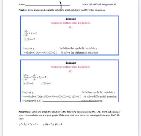 solved name math 259 matlab assignment 3 practice using