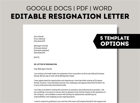 Professional Resignation Letter Template Editable Two Week Notice