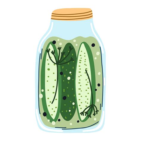Home Made Cucumber Pickles Canned Vegetables In Cartoon Hand Drawn
