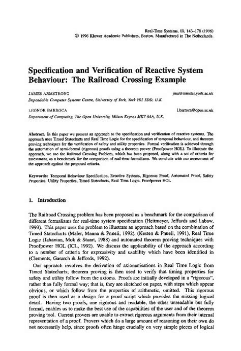 pdf specification and verification of reactive system behaviour the railroad crossing example