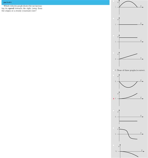 Solved Part 4 Of 4 Which Velocity Graph Shows The Car Chegg
