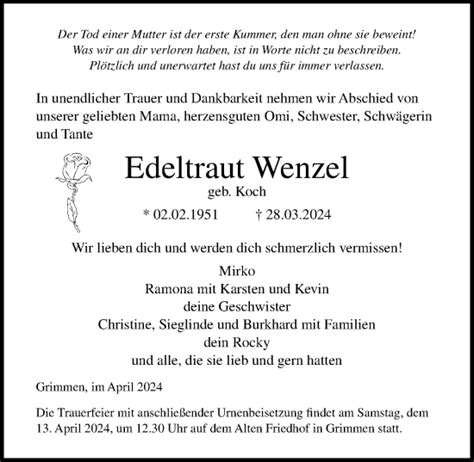 Traueranzeigen Von Edeltraut Wenzel Trauer Anzeigen De