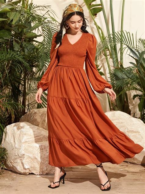 Shein Smocked Long Lantern Sleeve Ruffled Maxi Dress Orange Maxi