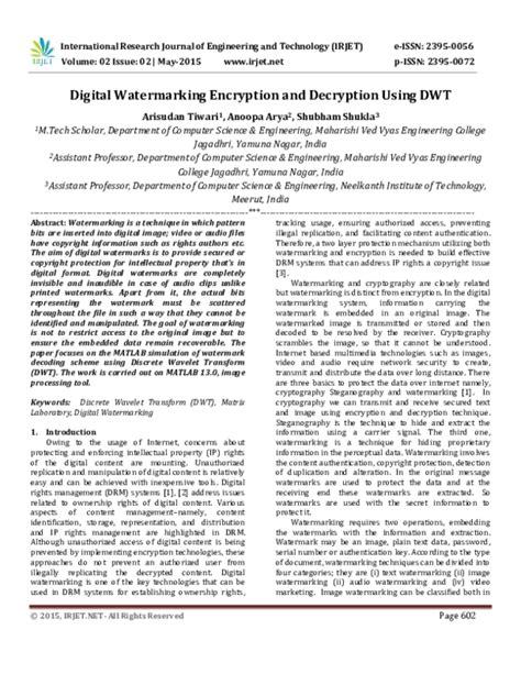 pdf irjet digital watermarking encryption and decryption using dwt irjet journal