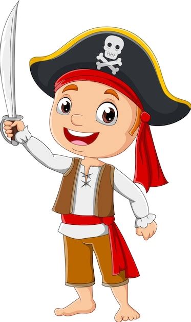 Niño pirata de dibujos animados sosteniendo una espada Vector Premium