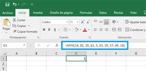 Sintaxis de la función MIN en Excel Diseño de página Sintaxis Textos
