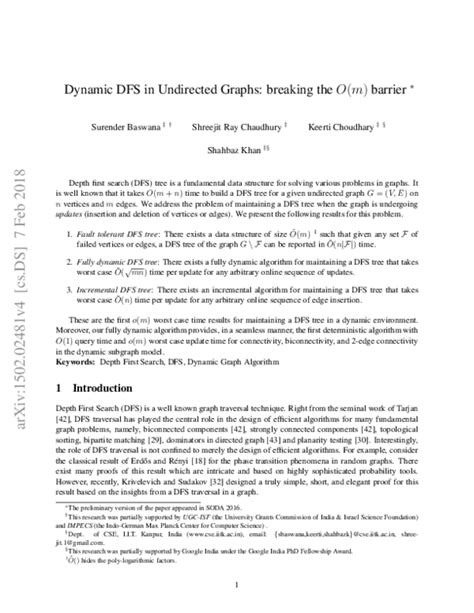 pdf dynamic dfs tree in undirected graphs breaking the o m barrier shreejit ray