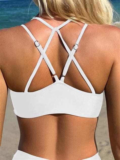 SHEIN Swim Vcay Solid Criss Cross Back Bikini Top SHEIN USA