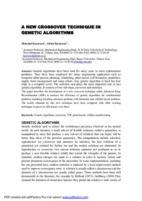 pdf a new crossover technique in genetic algorithms mehrdad kazerooni