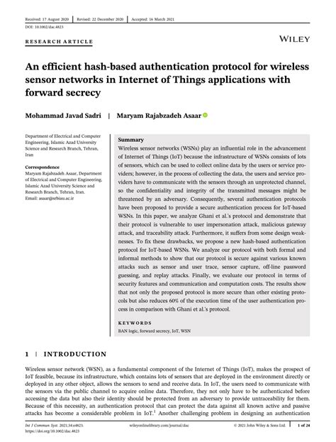 an efficient hash‐based authentication protocol for wireless sensor networks in internet of