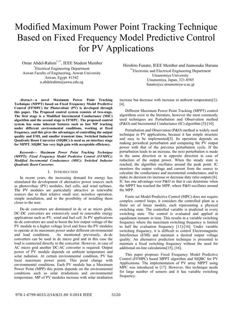 pdf modified maximum power point tracking technique based on fixed frequency model predictive