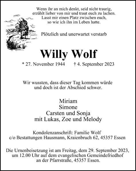 Traueranzeigen Von Willy Wolf Trauer In NRW De