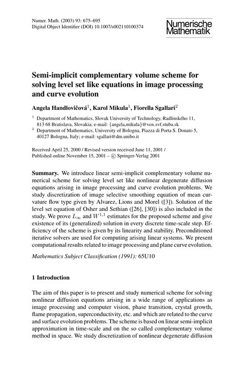 pdf semi implicit complementary volume scheme for solving level set like equations in image